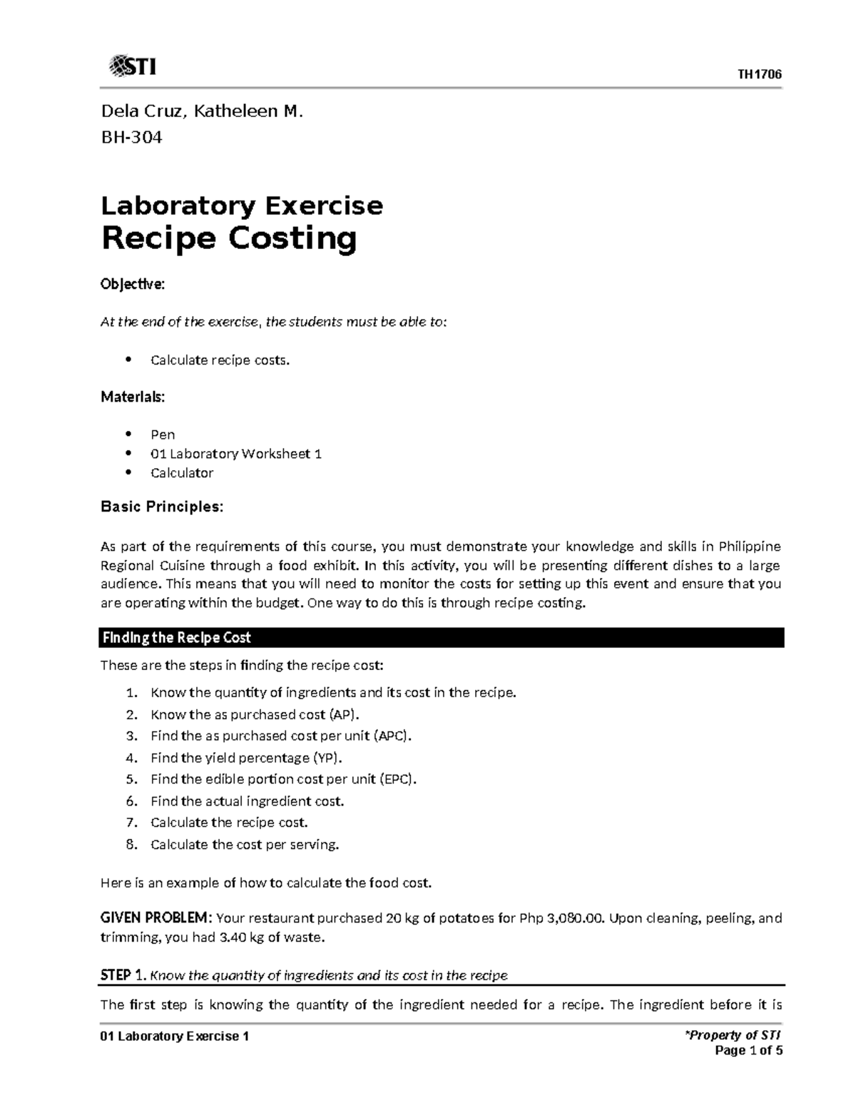 Laboratory Exercise 01: Recipe Costing and Calculation Techniques - Studocu