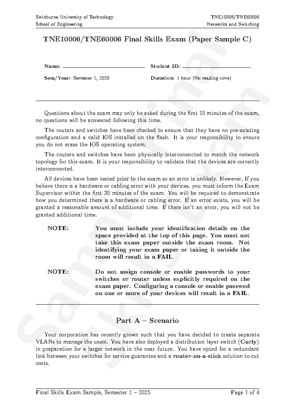 Swinburne University Networks & Switching Final Skills Exam Sample C ...