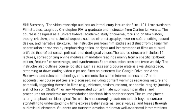 Film 1101: Intro to Film Studies - Lecture Summary & Key Insights - Studocu