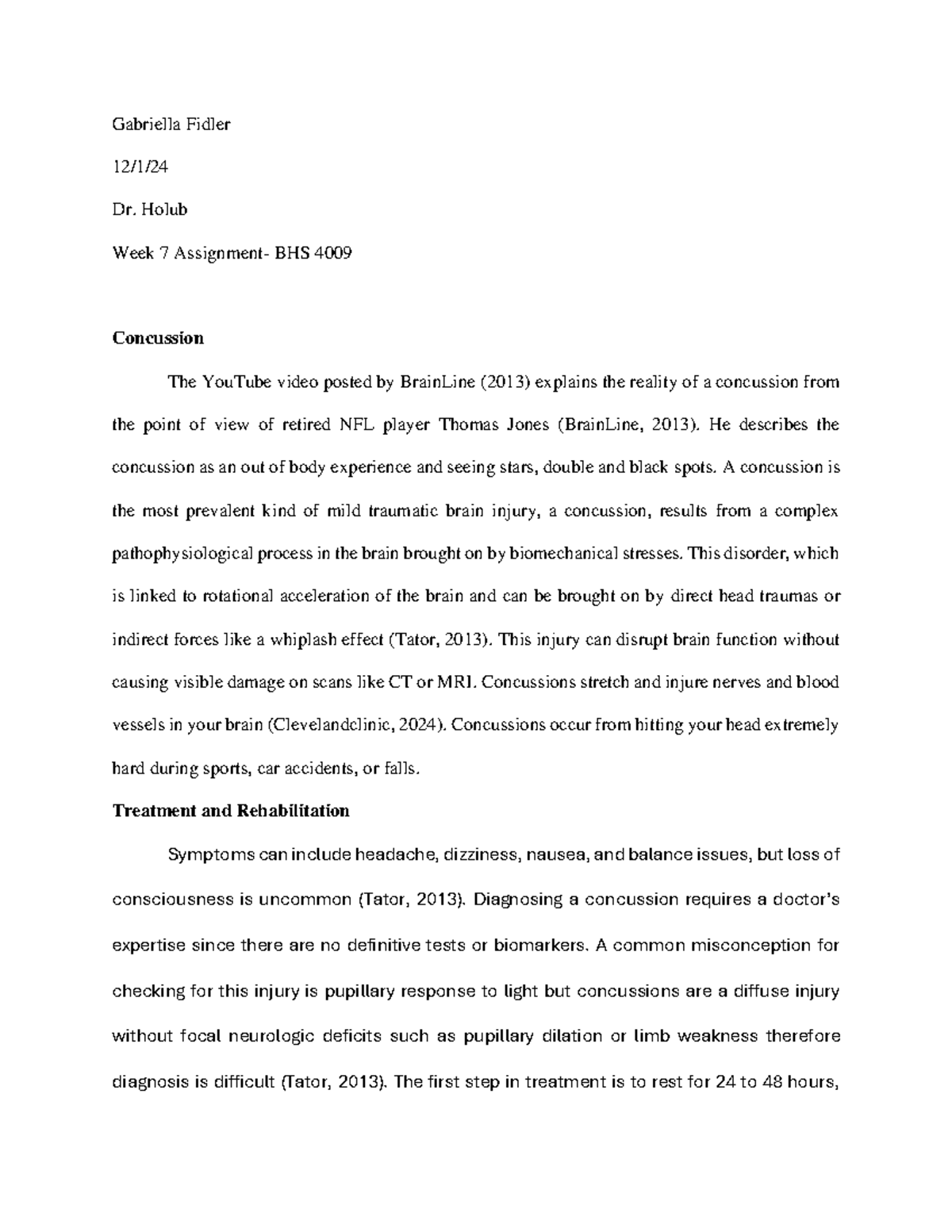 BHS 4009 Week 7 Assignment: Understanding Concussions and Recovery ...