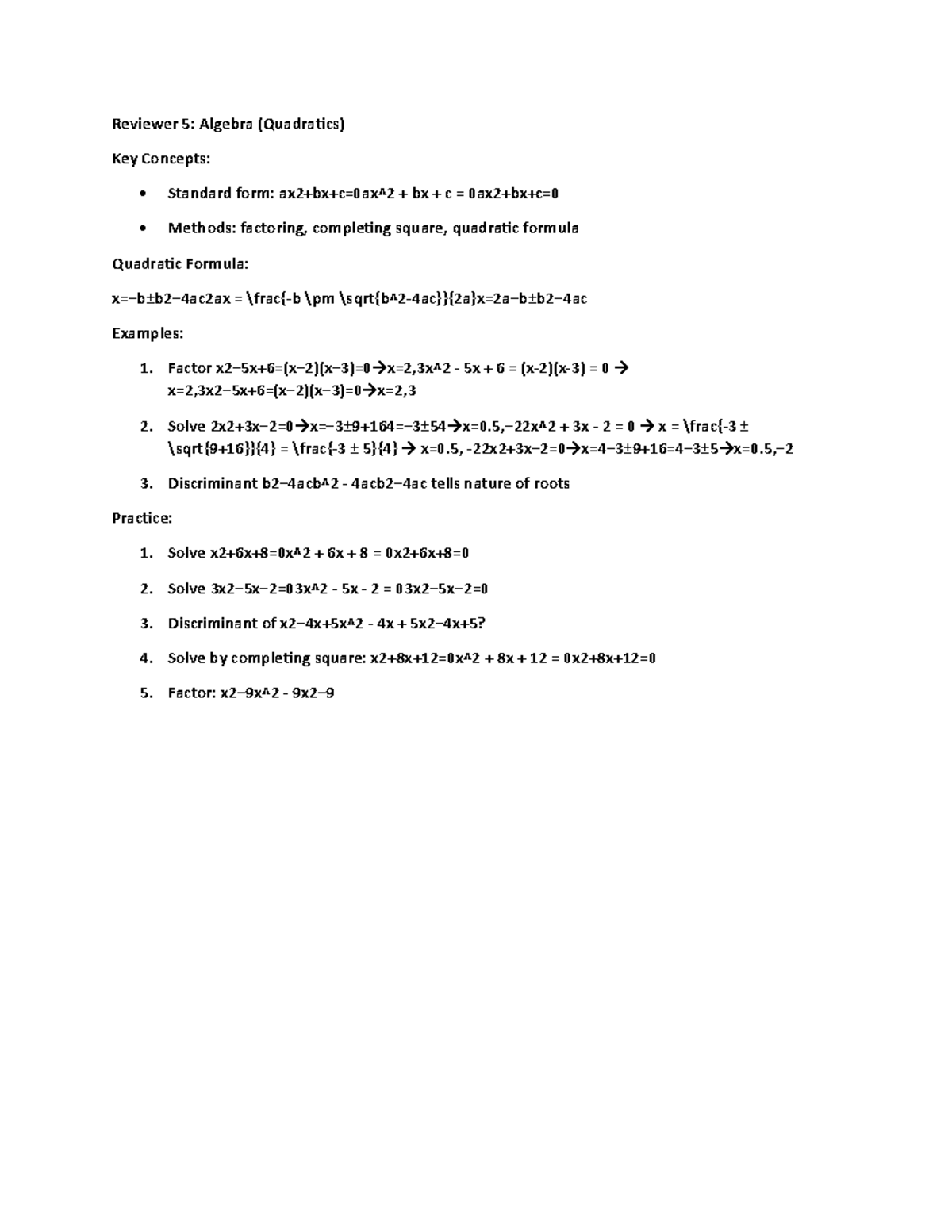 Reviewer 5 - math rev - Reviewer 5: Algebra (Quadratics) Key Concepts ...