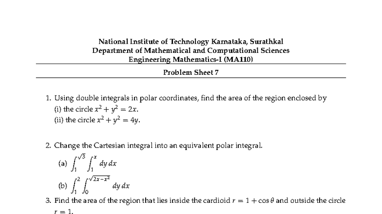 MA110 Problem Sheet 7: Double Integrals in Polar Coordinates - Studocu