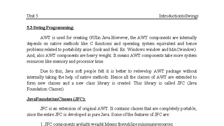 Unit 5: Introduction to Swing Programming and MVC Architecture - Studocu