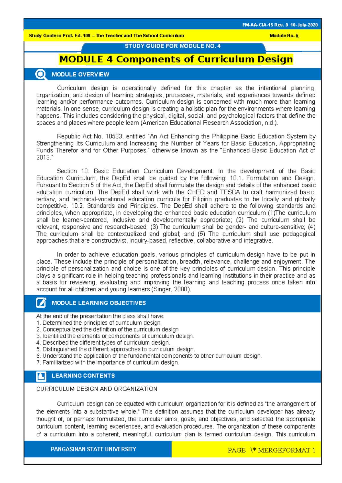 Study Guide for Prof. Ed. 109: Curriculum Design Module 4 - Studocu