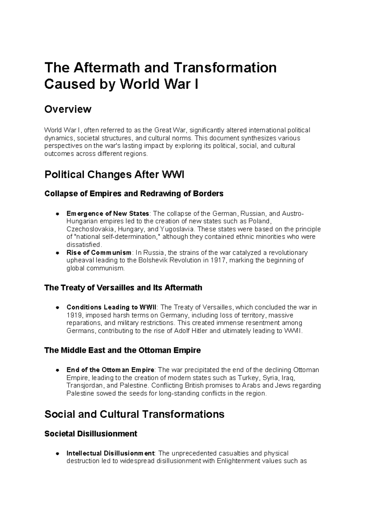 The Aftermath and Transformation of WWI: A Comprehensive Overview - Studocu
