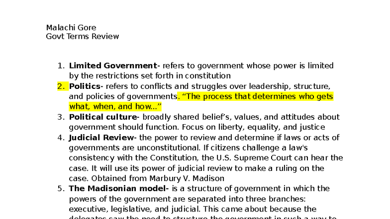 Govt 101: Malachi Gore Terms Review for Test 1 - Studocu
