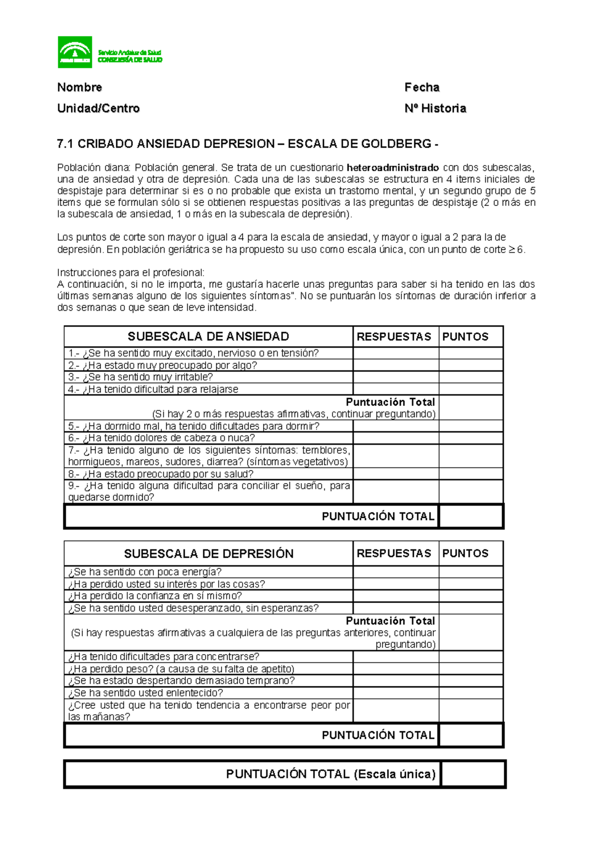 Escala de Ansiedad y Depresión Goldberg - Historia 7.1 - Studocu