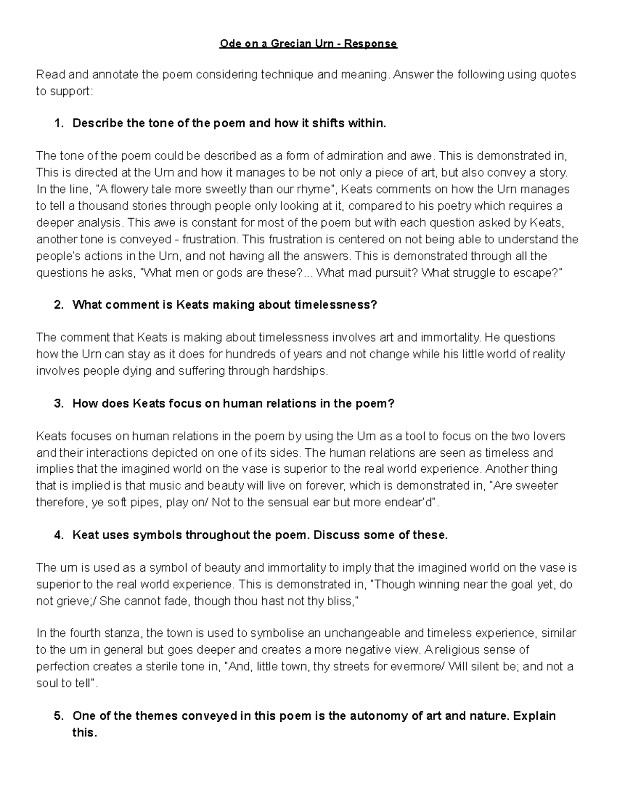 Ode on a Grecian Urn - Q&A Analysis - English Adv HSC - John Keats ...