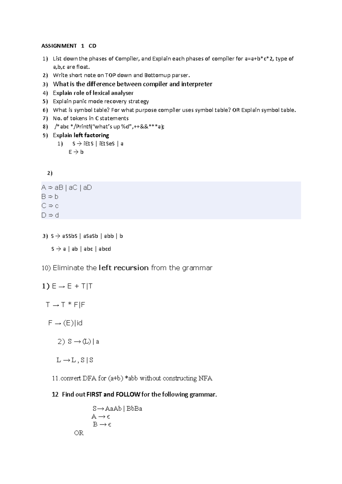 CD assignment - ASSIGNMENT 1 CD 1) List down the phases of Compiler, and Explain each phases of ...