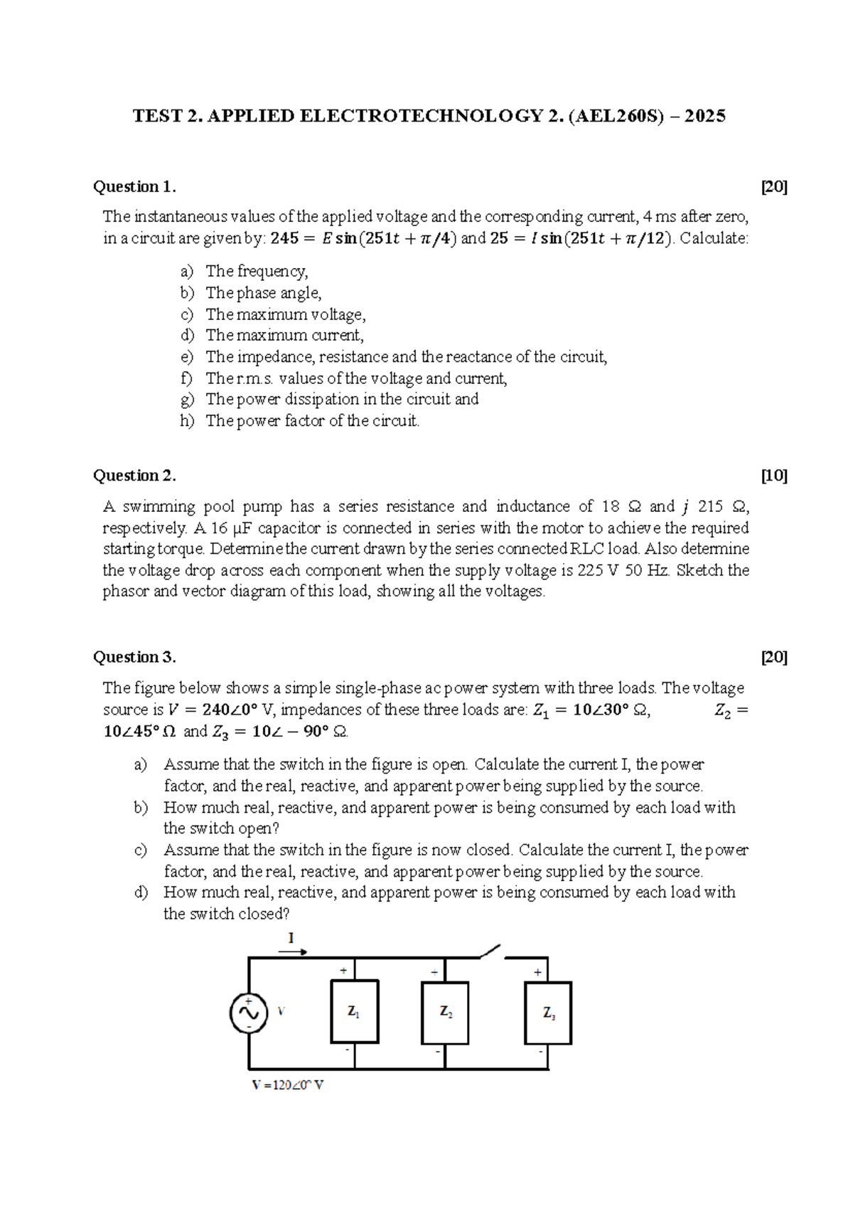 TEST 2 AEL260S - Applied Electrotechnology Questions and Solutions ...