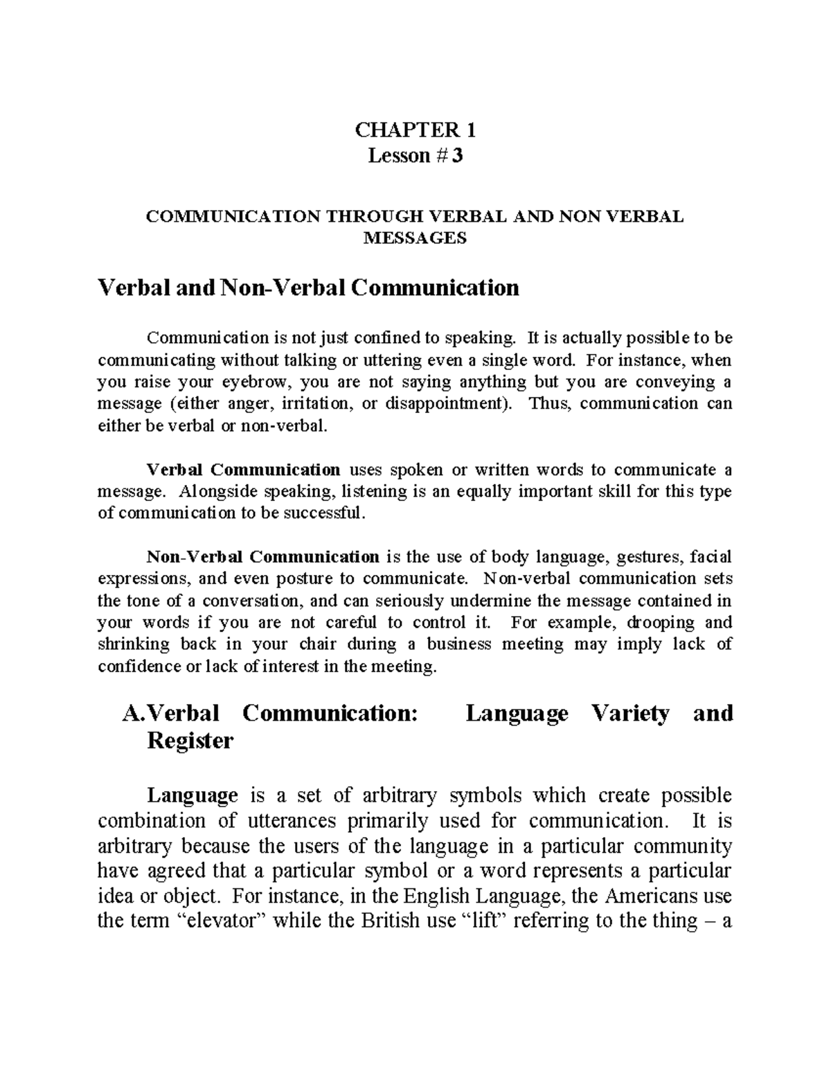 CHAPTER 1 Lesson 3: Understanding Verbal & Non-Verbal Communication ...