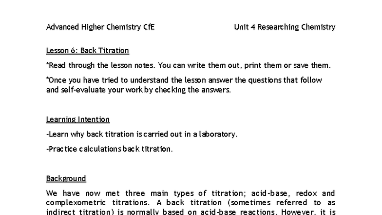Advanced Higher Chemistry CfE Unit 4: Back Titration Lesson Notes and ...