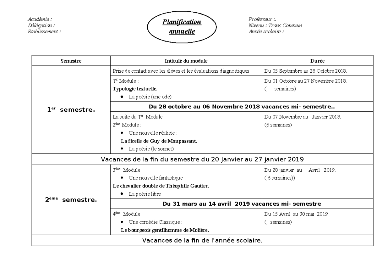 Planification Annuelle Tronc Commun - Module Scolaire 2018-2019 - Studocu