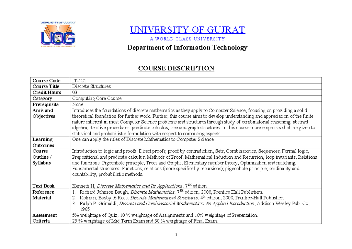 IT-121 Discrete Structures Course Overview and Syllabus - Studocu