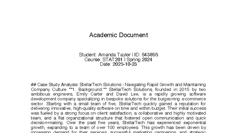 STAT201 Case Study: Managing Growth & Culture at StellarTech Solutions ...