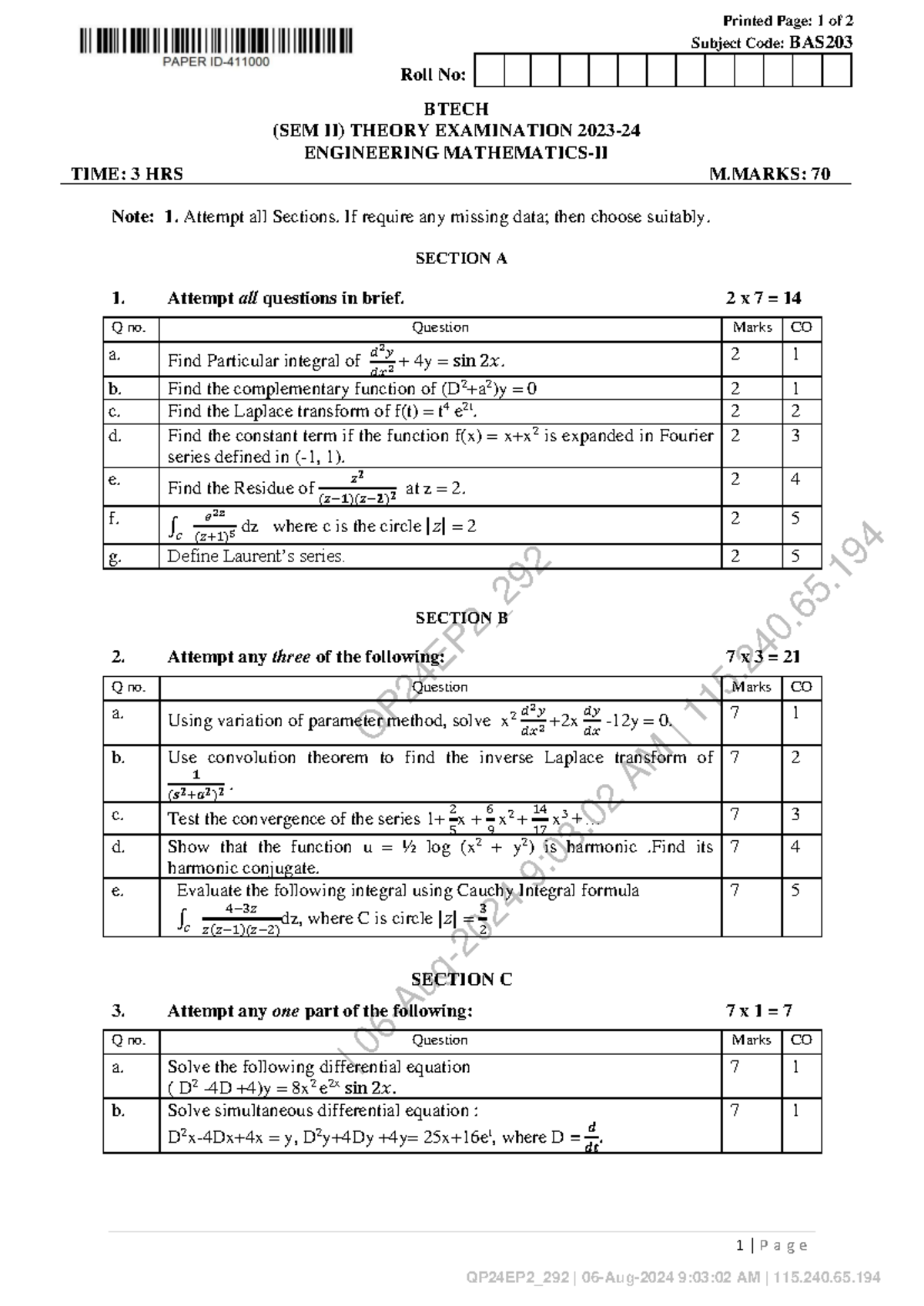 BAS203 Maths-II 2023-24 Sem II Theory Exam Paper with Solutions - Studocu