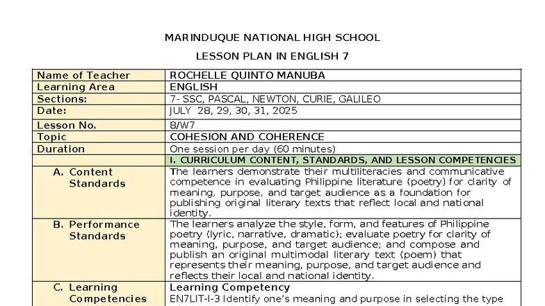 ENGLISH 7 LESSON PLAN: COHESION AND COHERENCE BY ROCHELLE Q. MANUBA ...