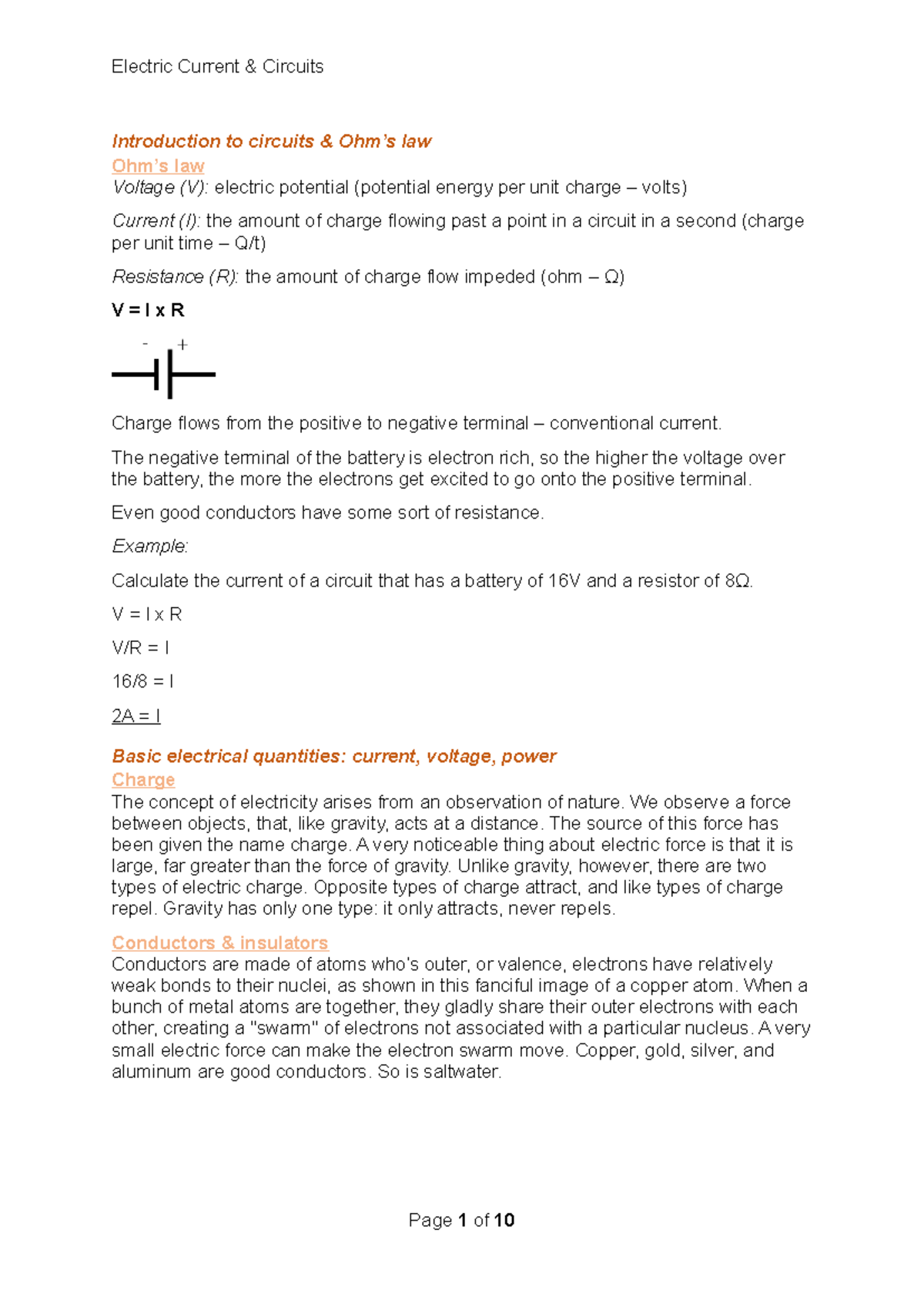 Electric Current & Circuits - Key Concepts & Equations Notes - Studocu
