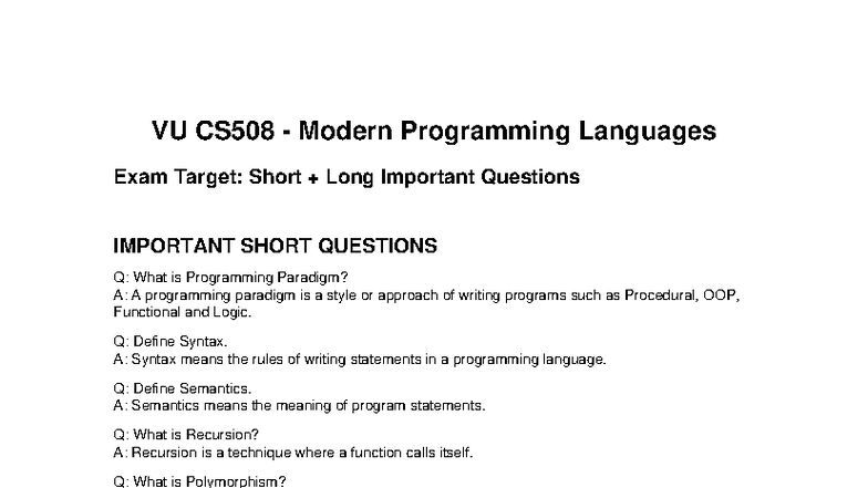 CS508 Modern Programming Languages Exam: Key Q&A Review - Studocu
