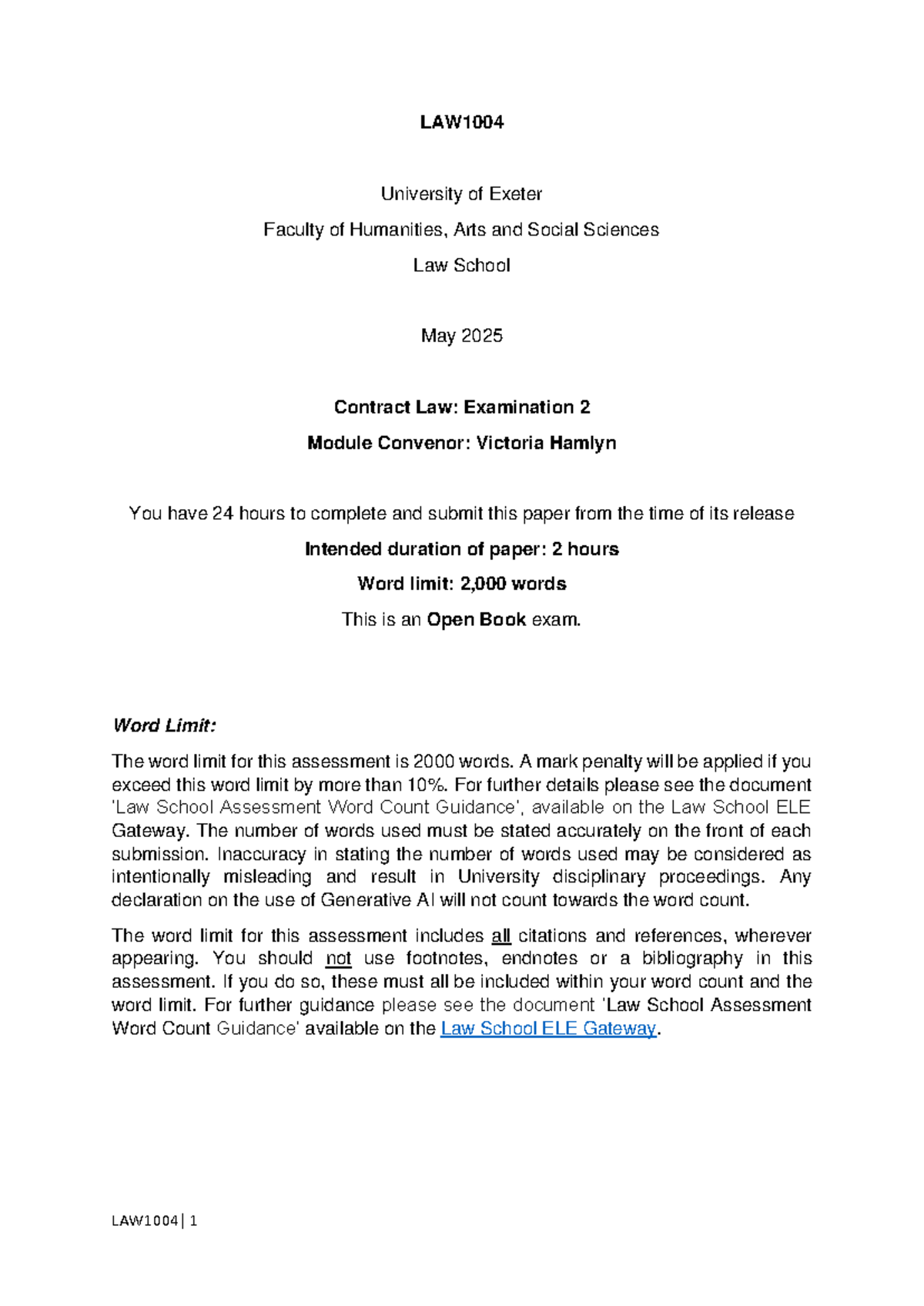 LAW1004 Contract Law: May 2025 Exam Paper and Guidance - Studocu