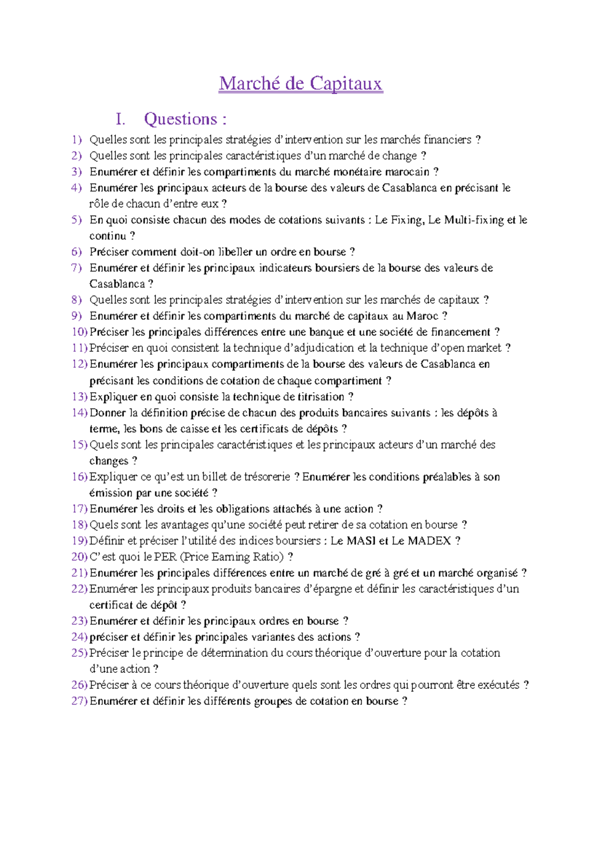 MCIF - Questions et Réponses sur le Marché de Capitaux - Studocu