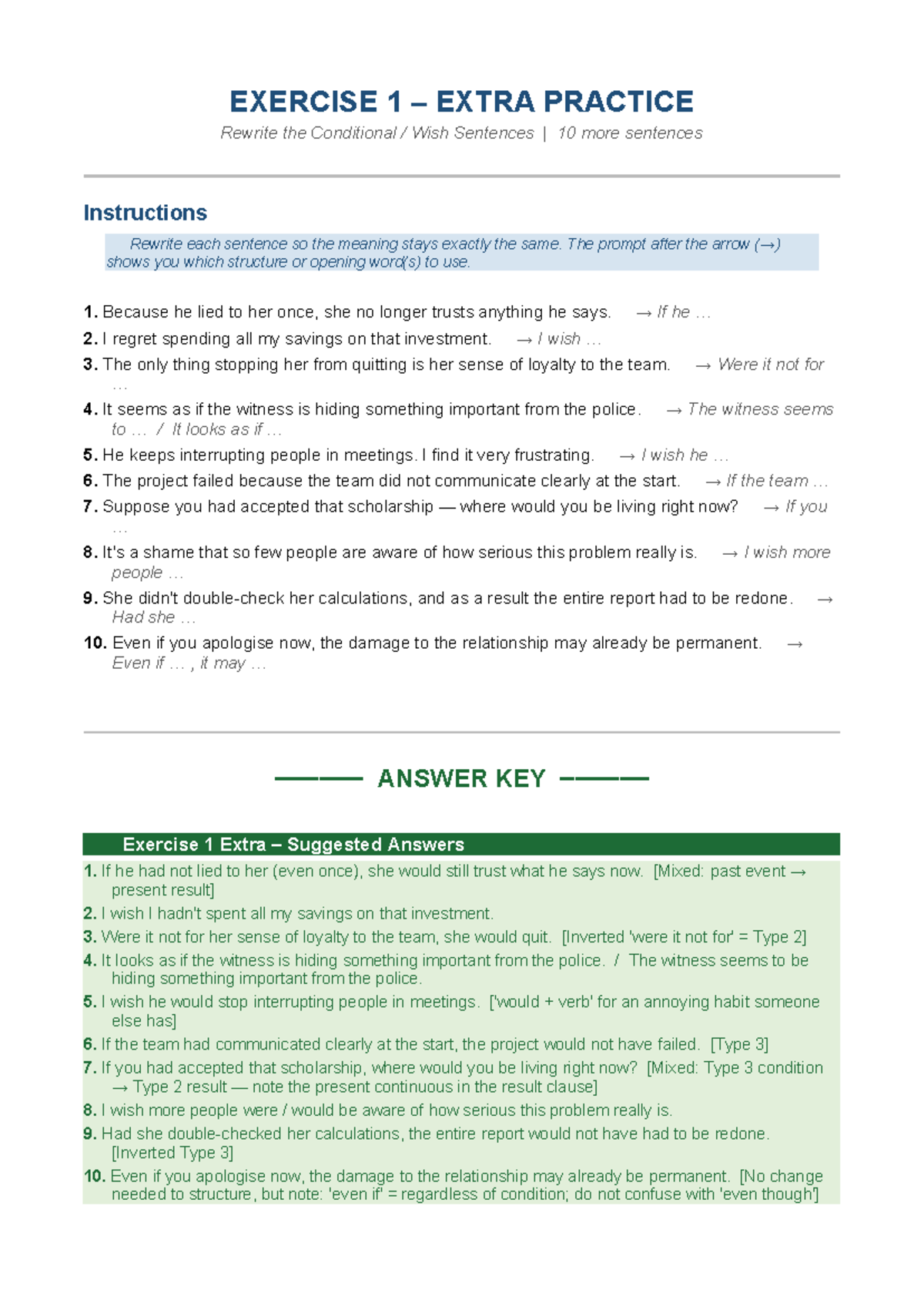 EXERCISE 1 EXTRA PRACTICE: Conditional Wish Sentences Rewrite - Studocu