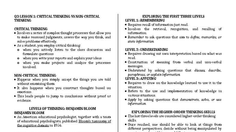 Q3 LESSON 1: CRITICAL THINKING VS NONCRITICAL THINKING - Studocu