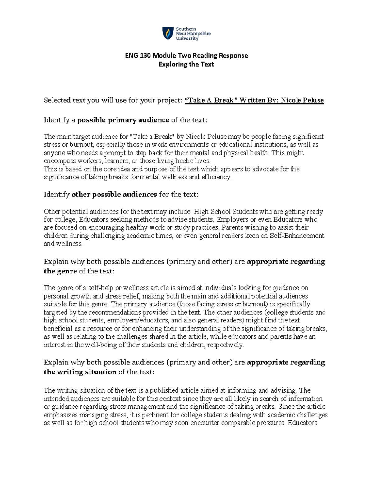 ENG 130 Module 2 Reading Response: Audience Analysis of Nicole Peluse's Text - Studocu