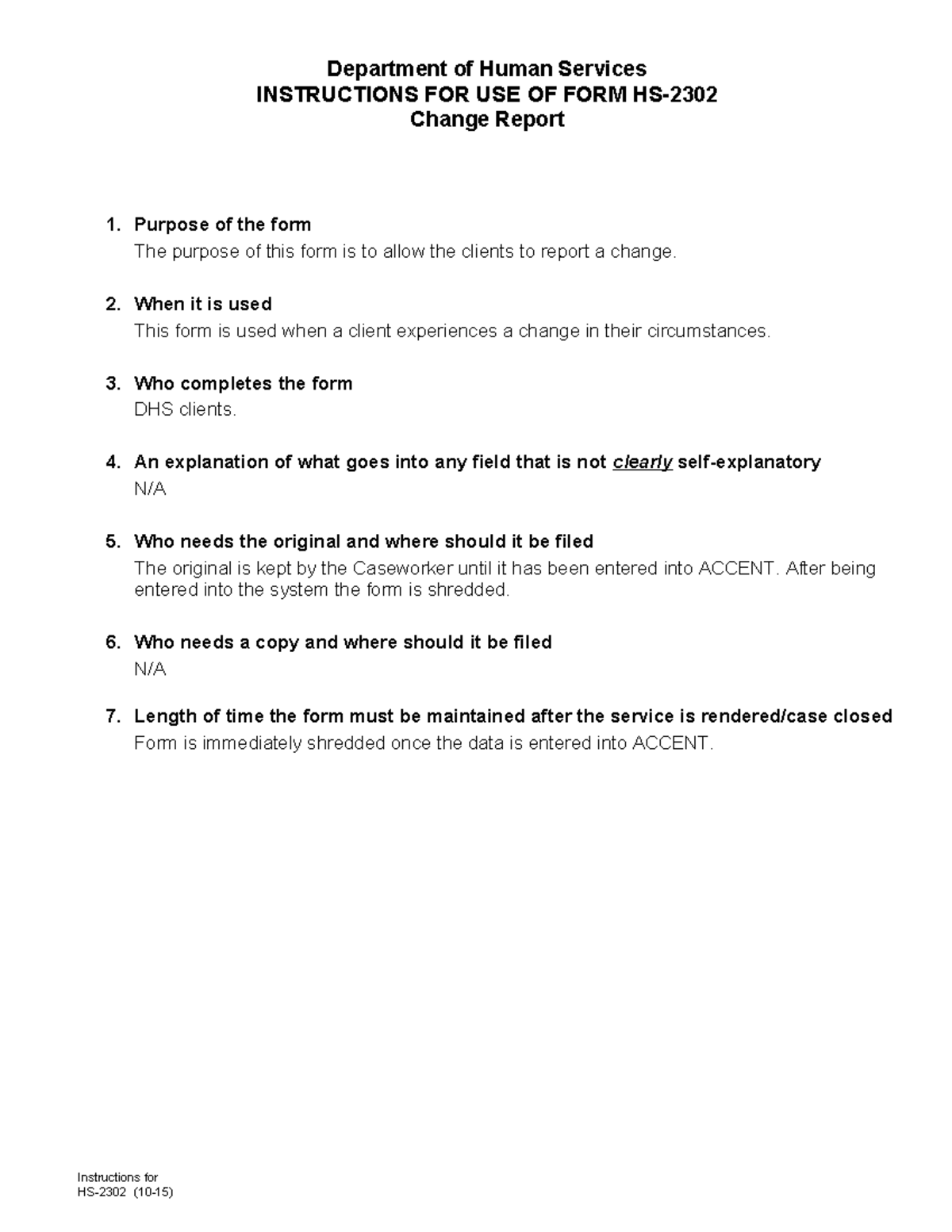 DHS Form Hs-2302: Change Report Instructions for Clients - Studocu