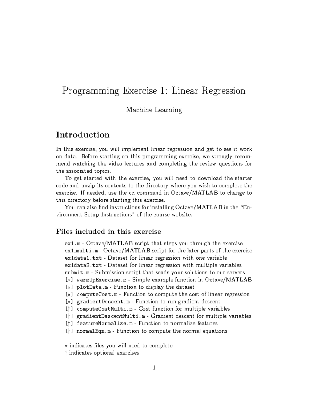 Ex1 - Week 2 programming assignment - Programming Exercise 1: Linear Regression Machine Learning ...