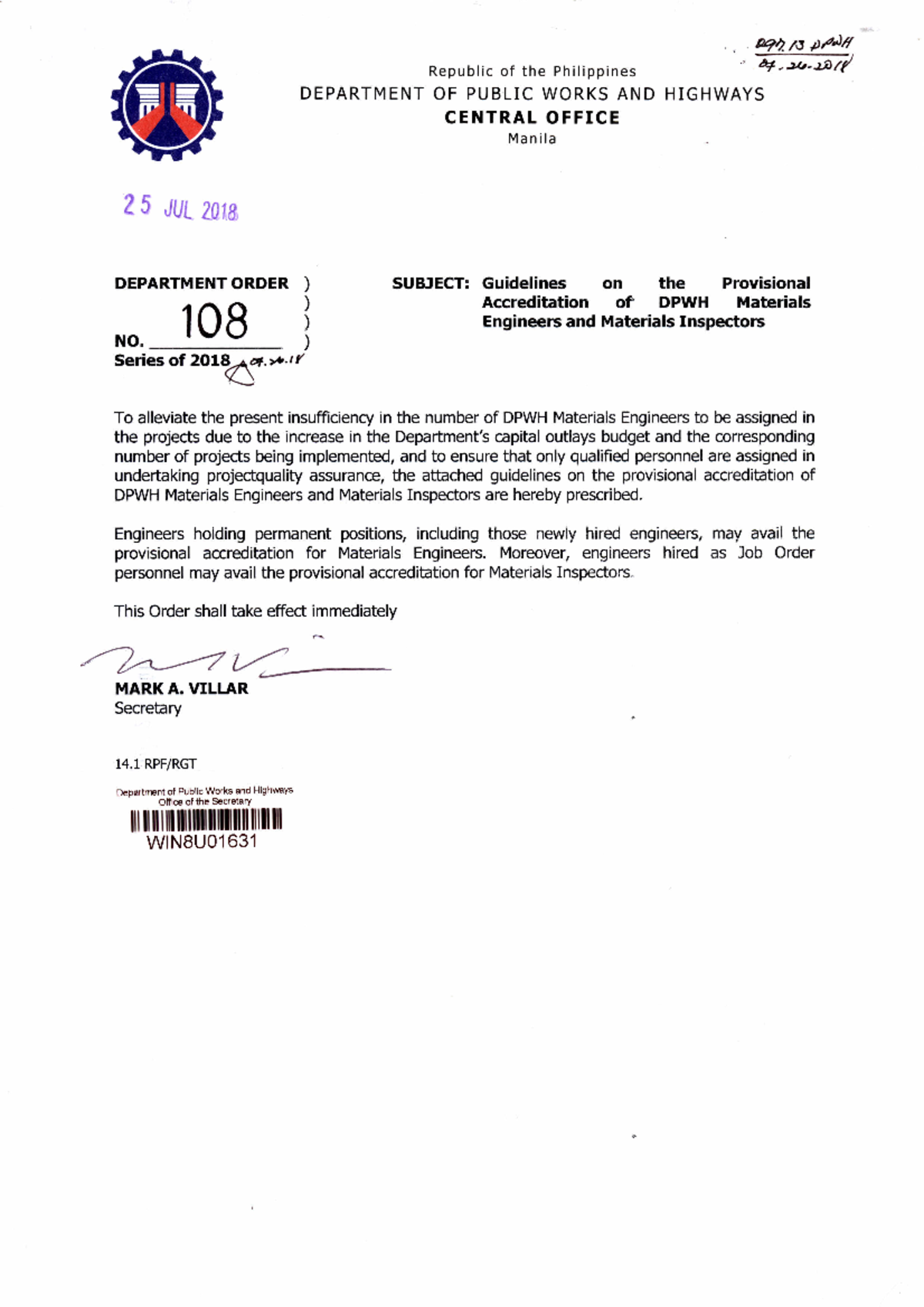 DO 108 s2018 - Guidelines for Provisional Accreditation of DPWH Engineers - Studocu