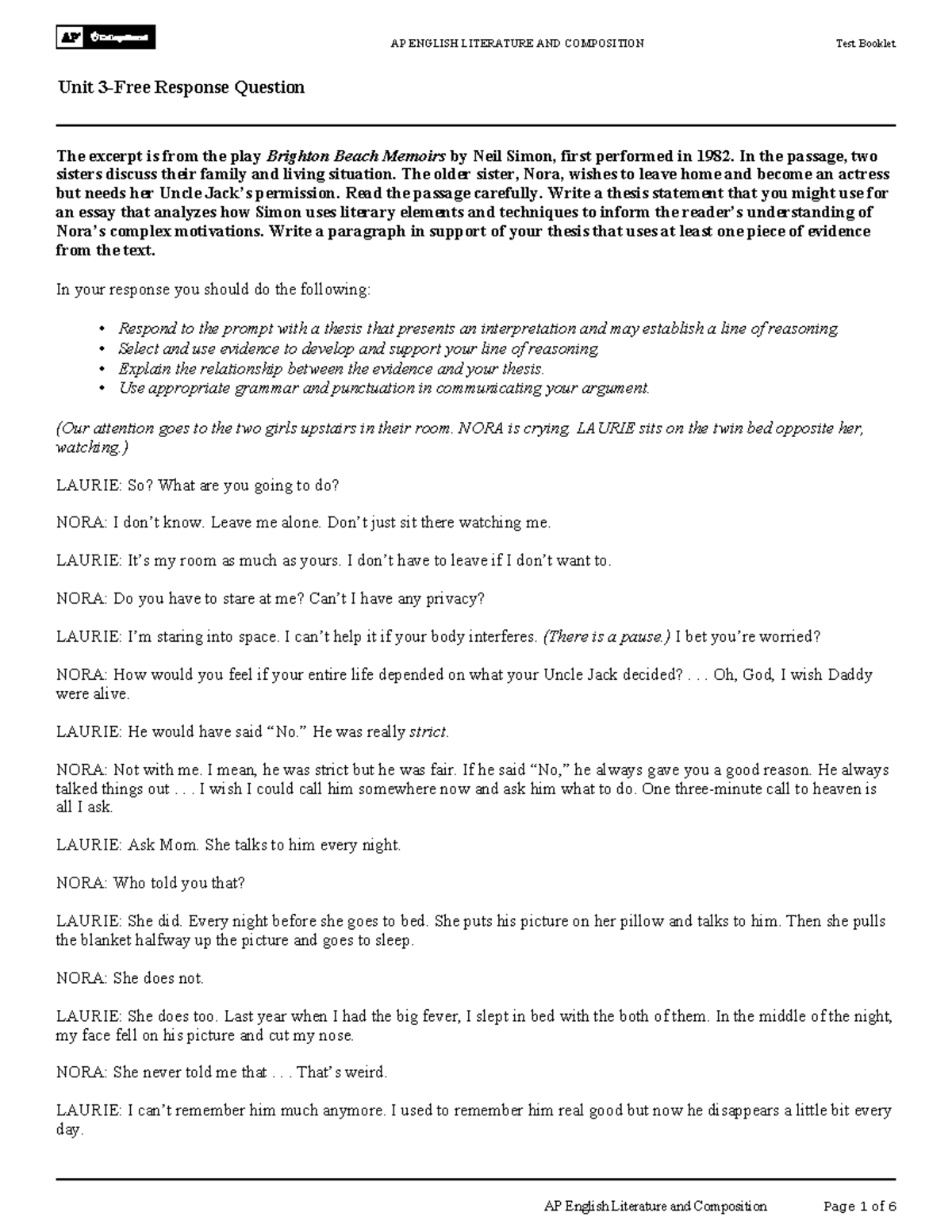 AP ENGLISH LITERATURE AND COMPOSITION Unit 3 Free Response Analysis of ...