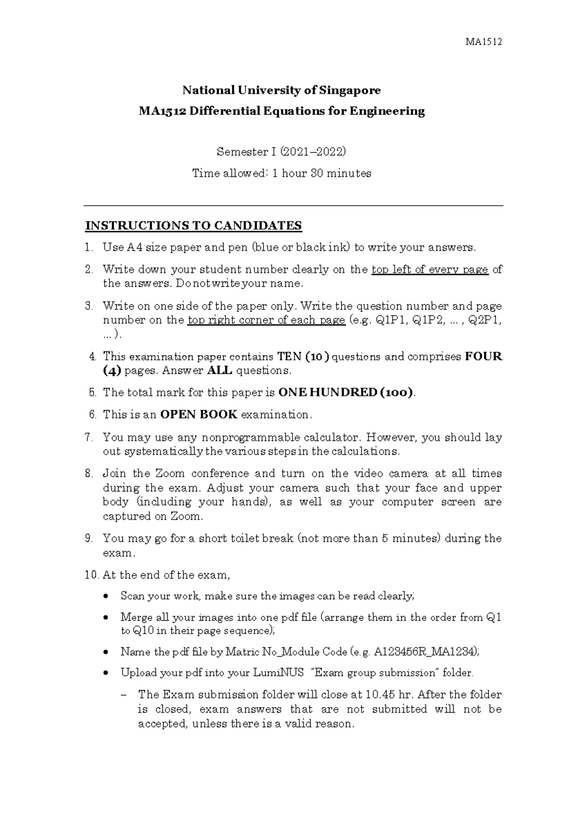 MA1512 Differential Equations Exam Paper - Semester I 2021-2022 - Studocu