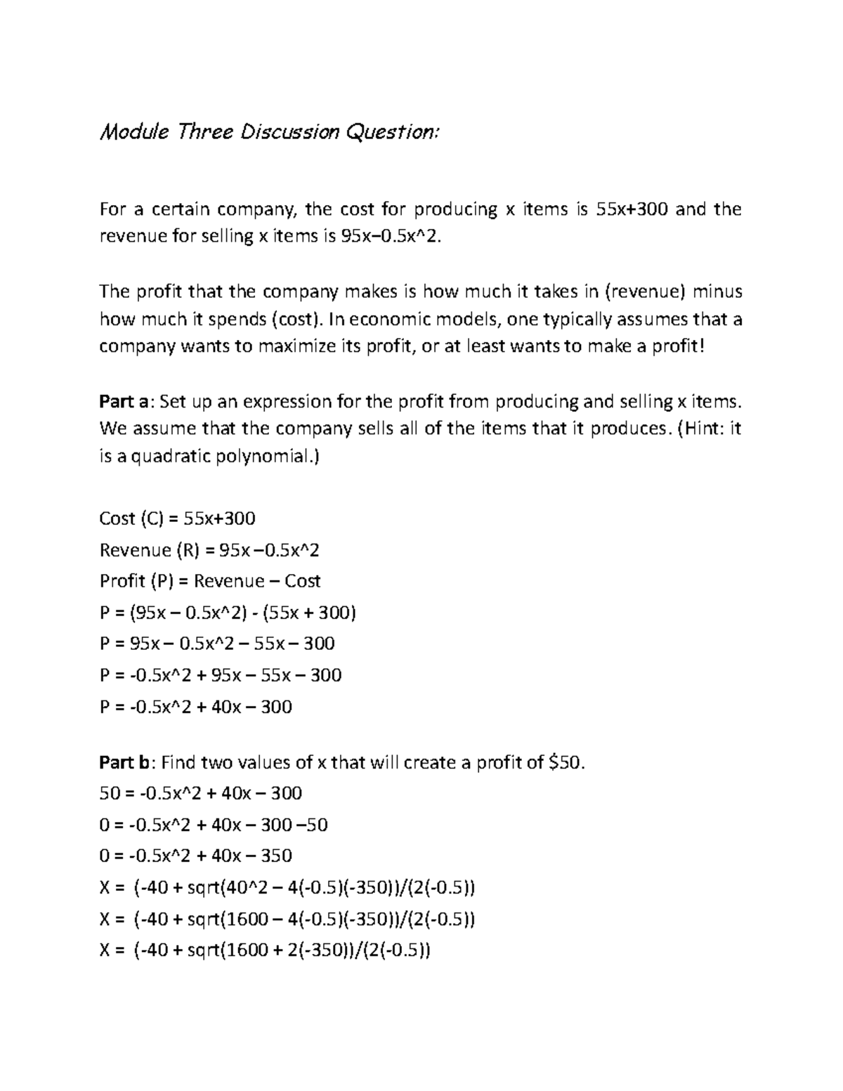 MAT 136 3-1 Discussion - Module Three Discussion Question: For a ...