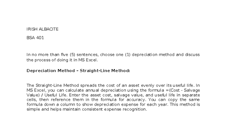Alba Management Reporting: Depreciation & BEP Methods (BSA 401) - Studocu