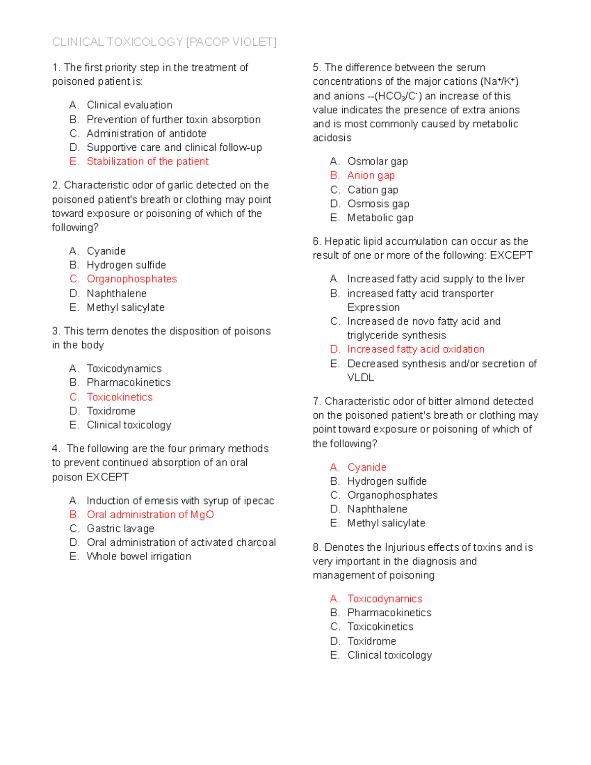 Clinical Toxicology - Pacop Violet Study Notes and Practice Quiz - Studocu