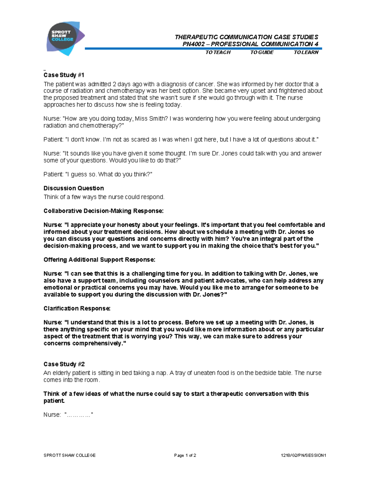 PN 4002 - Case Studies on Therapeutic Communication Techniques - Studocu