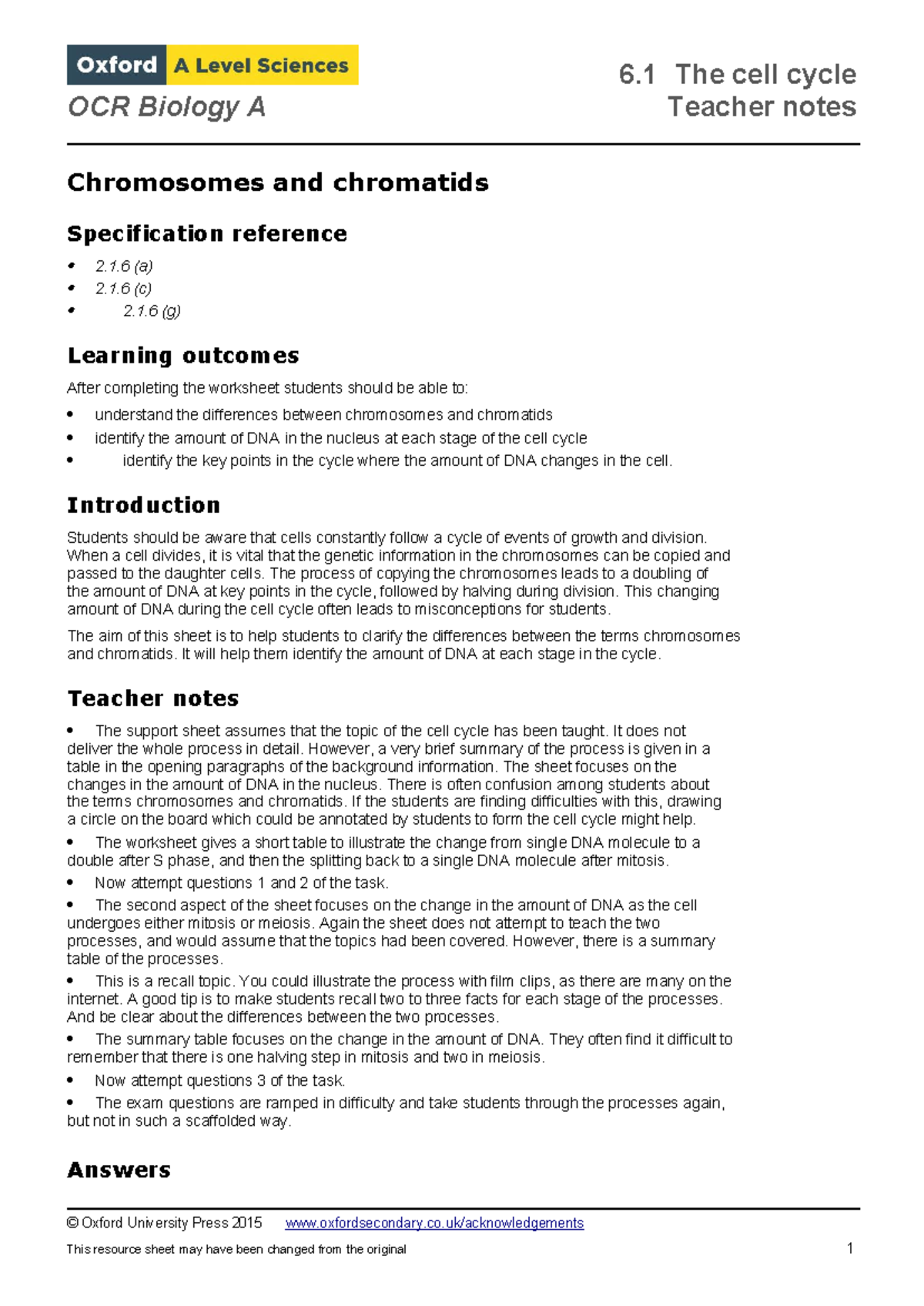 chromosomes worksheet - 6 The cell cycle OCR Biology A Teacher notes ...
