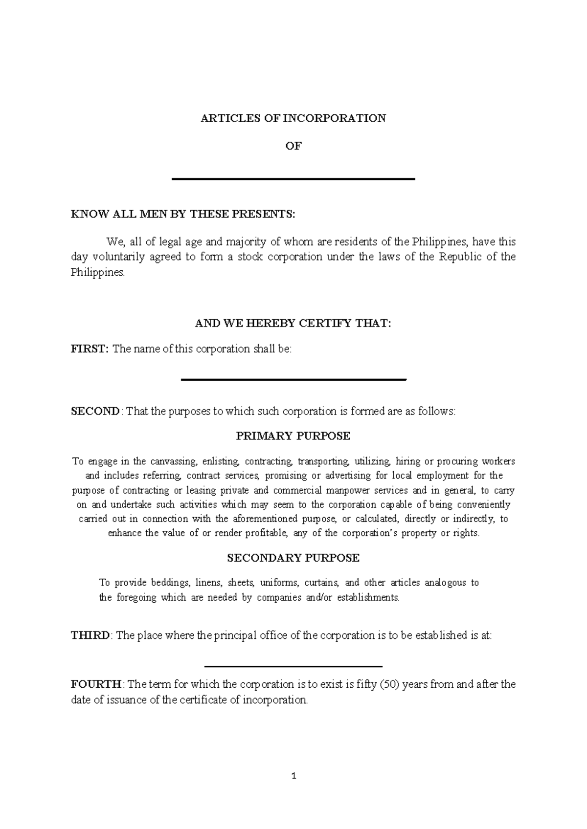 Articles of Incorporation Template for Stock Corp - N/A - Studocu