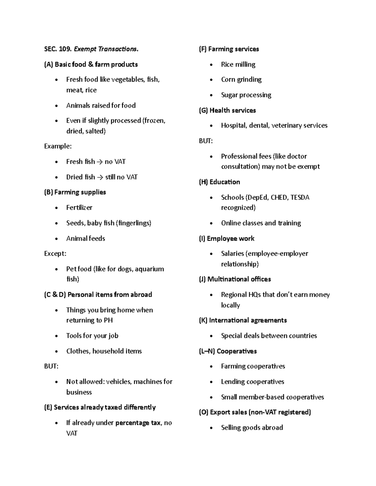 VAT Exempt Transactions: SEC. 109 Overview and Examples - Studocu