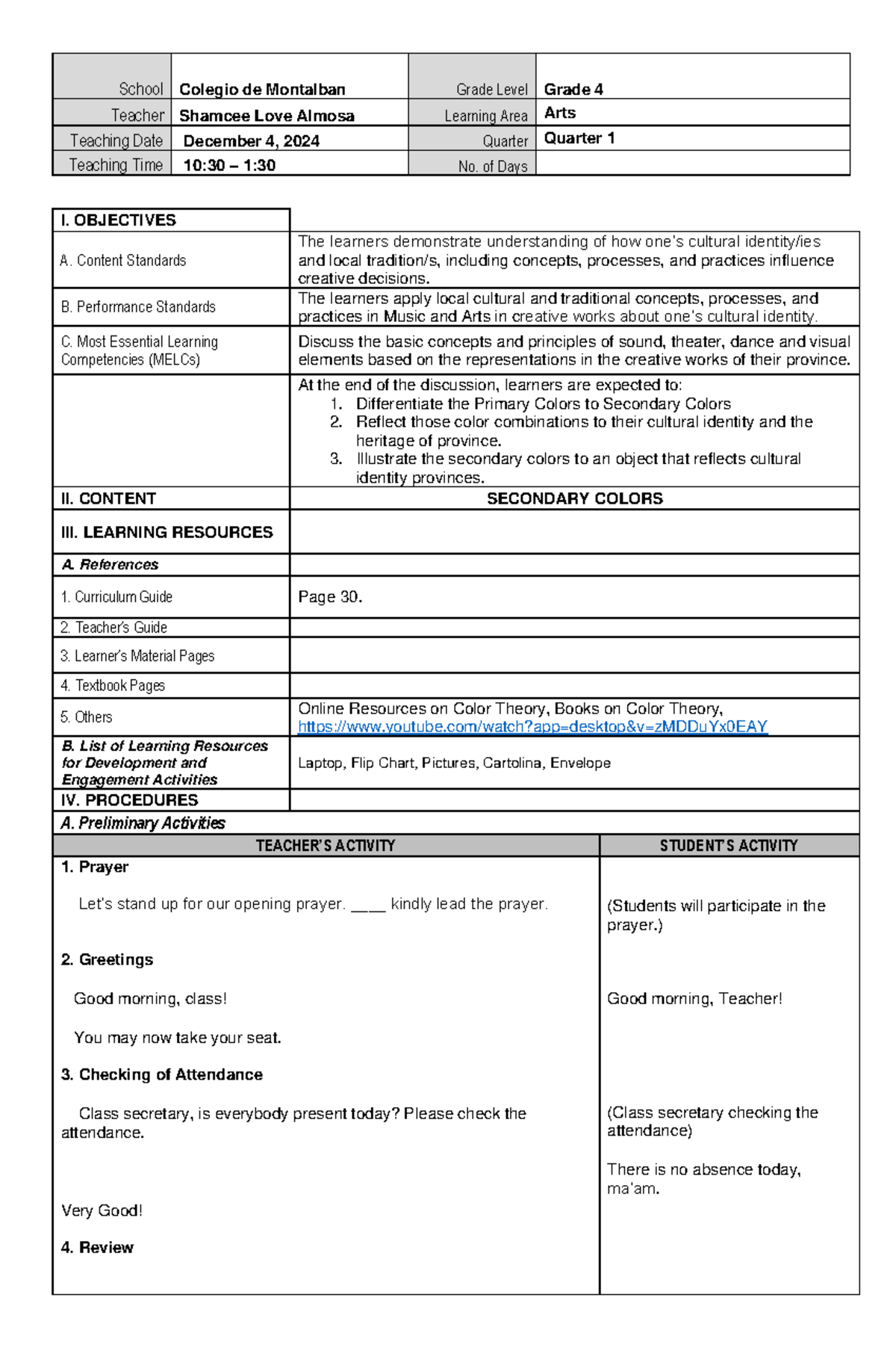 Arts Lesson Plan for Grade 4 - Cultural Colors and Identity - Studocu