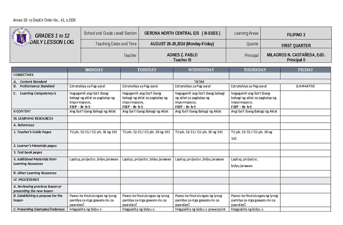 DLL Filipino 3 Q1 W4: Daily Lesson Log for Grades 1-12 - Studocu