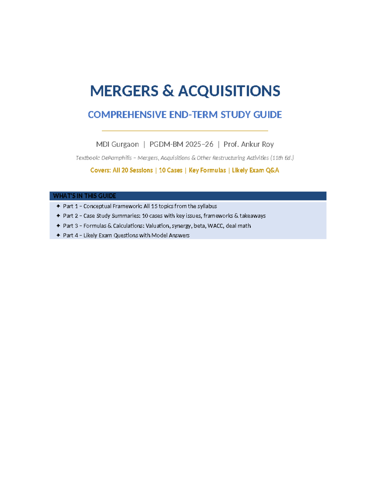 MA Study Guide: Comprehensive Overview of Mergers & Acquisitions - Studocu