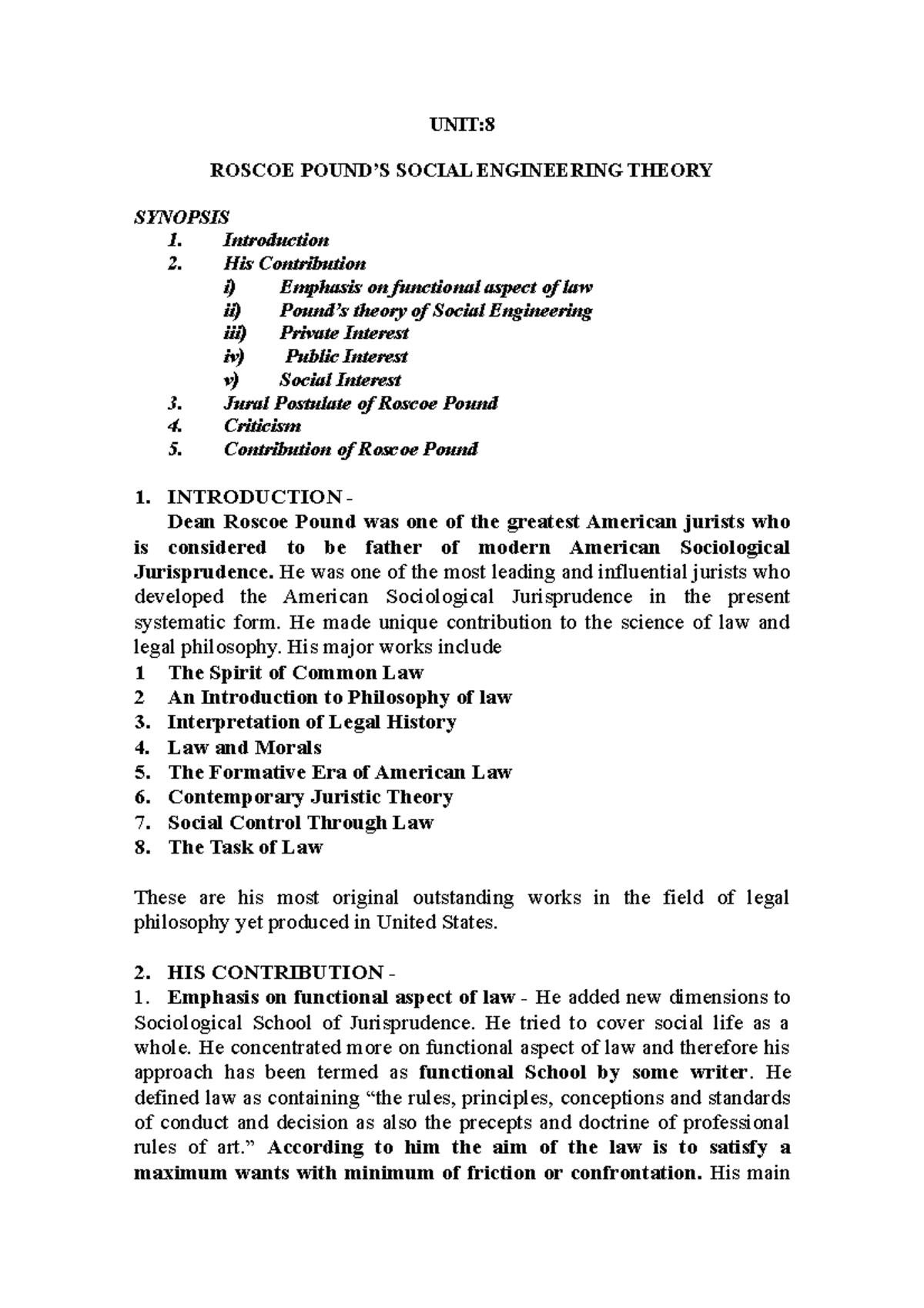 Roscoe Pound's Social Engineering Theory - UNIT: ROSCOE POUND’S SOCIAL ...