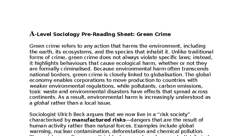 Sociology 101: Pre-Reading on Green Crime and Environmental Harm - Studocu