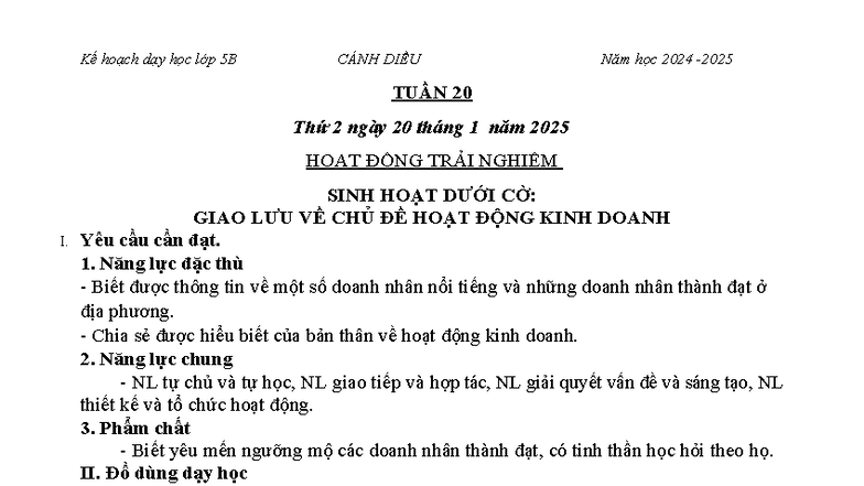 Kế Hoạch Dạy Học Lớp 5B Cánh Diều - Tuần 20 Năm Học 2024 - Studocu