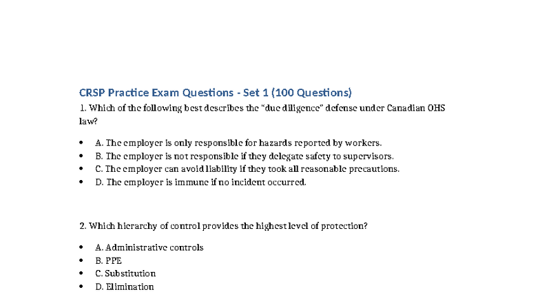 CRSP Practice Exam Questions Set 1: OHS Law & Control Hierarchies - Studocu