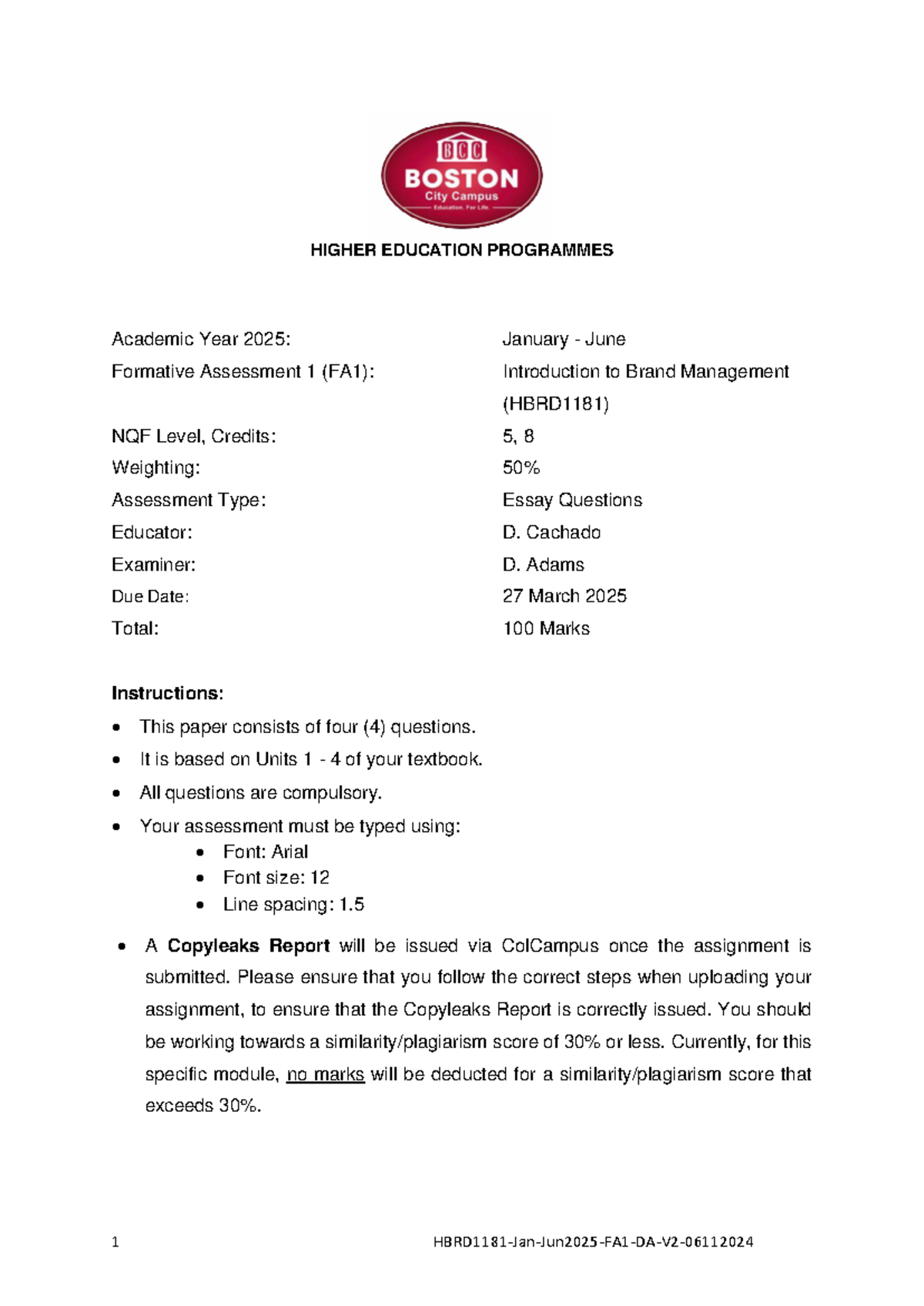 HBRD1181-January-June 2025 FA1: Brand Management Essay Assessment - Studocu