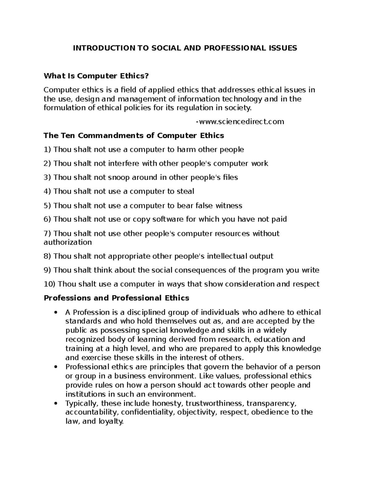 Introduction to Social & Professional Issues: Ethical Standards ...