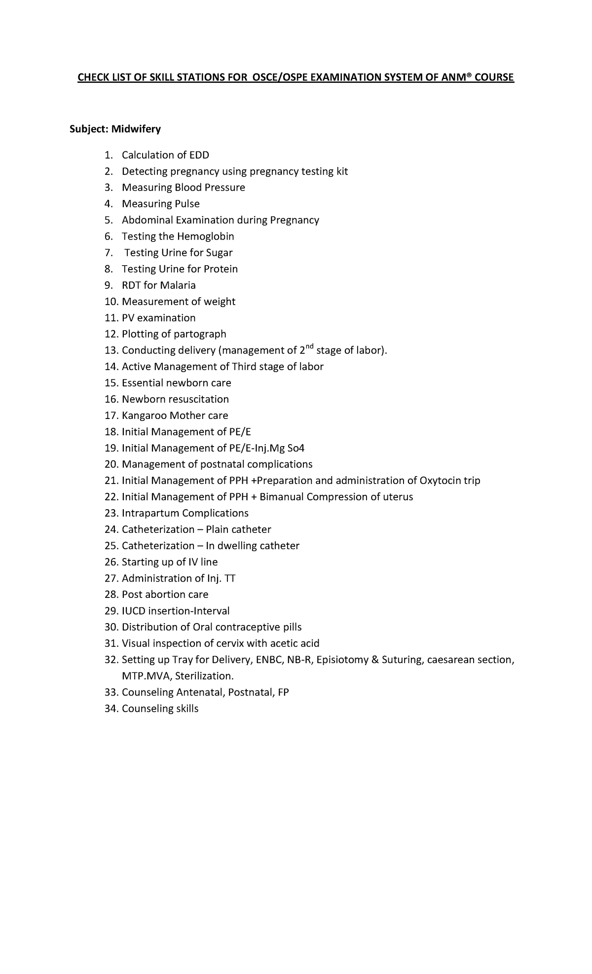 OSCE/OSPE Checklist for ANM® Midwifery Skill Stations - Studocu